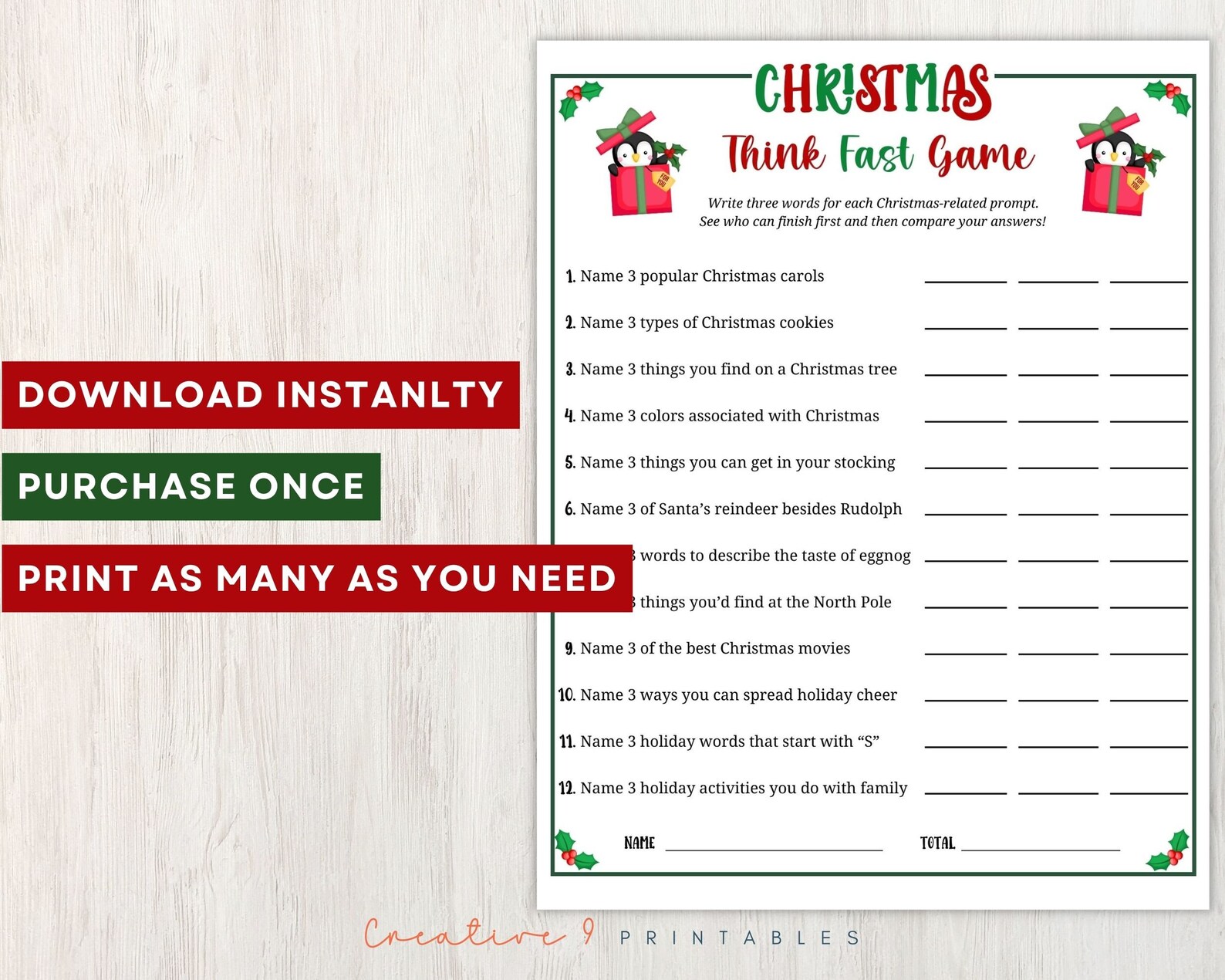 Printable Think Fast Christmas Game for Kids and Adults, Family ...
