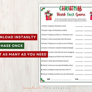 Printable Think Fast Christmas Game for Kids and Adults, Family ...