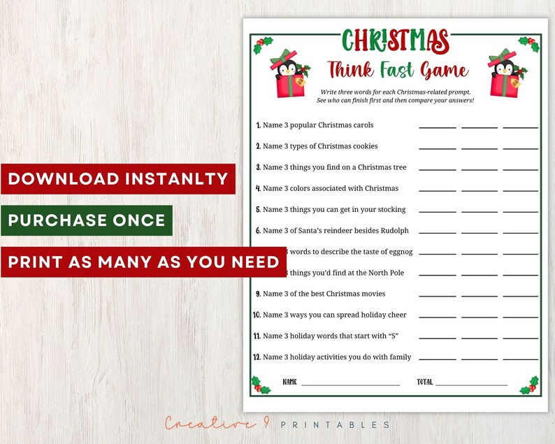 Printable Think Fast Christmas Game for Kids and Adults, Family ...