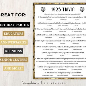 1925 Trivia With Answers, Printable 100th Birthday Game, 10 Fun Quiz ...