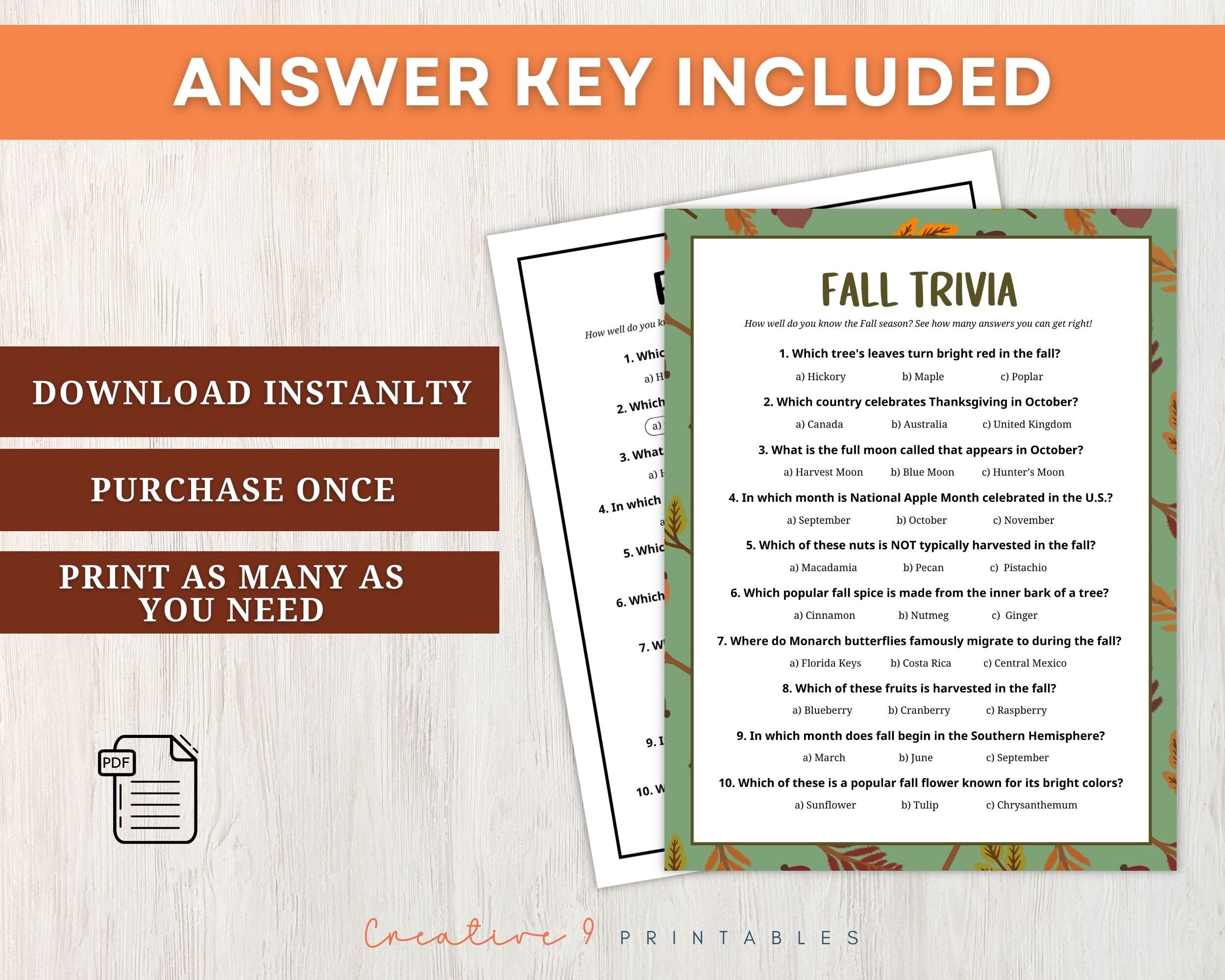 Printable Fall Trivia Game for Kids and Adults, 10 Fall Trivia ...