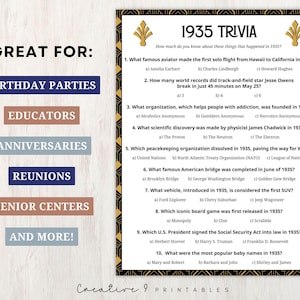 1935 Trivia With Answers, Printable 90th Birthday Game, 10 Fun Quiz ...