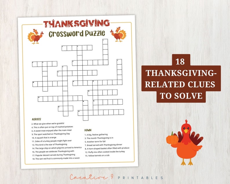 Printable Thanksgiving Crossword Puzzle for Kids and Adults, Crossword ...