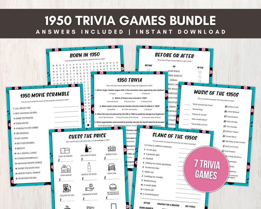 1950 Trivia Game Bundle, 75th Birthday Party Games, 75th Printable ...