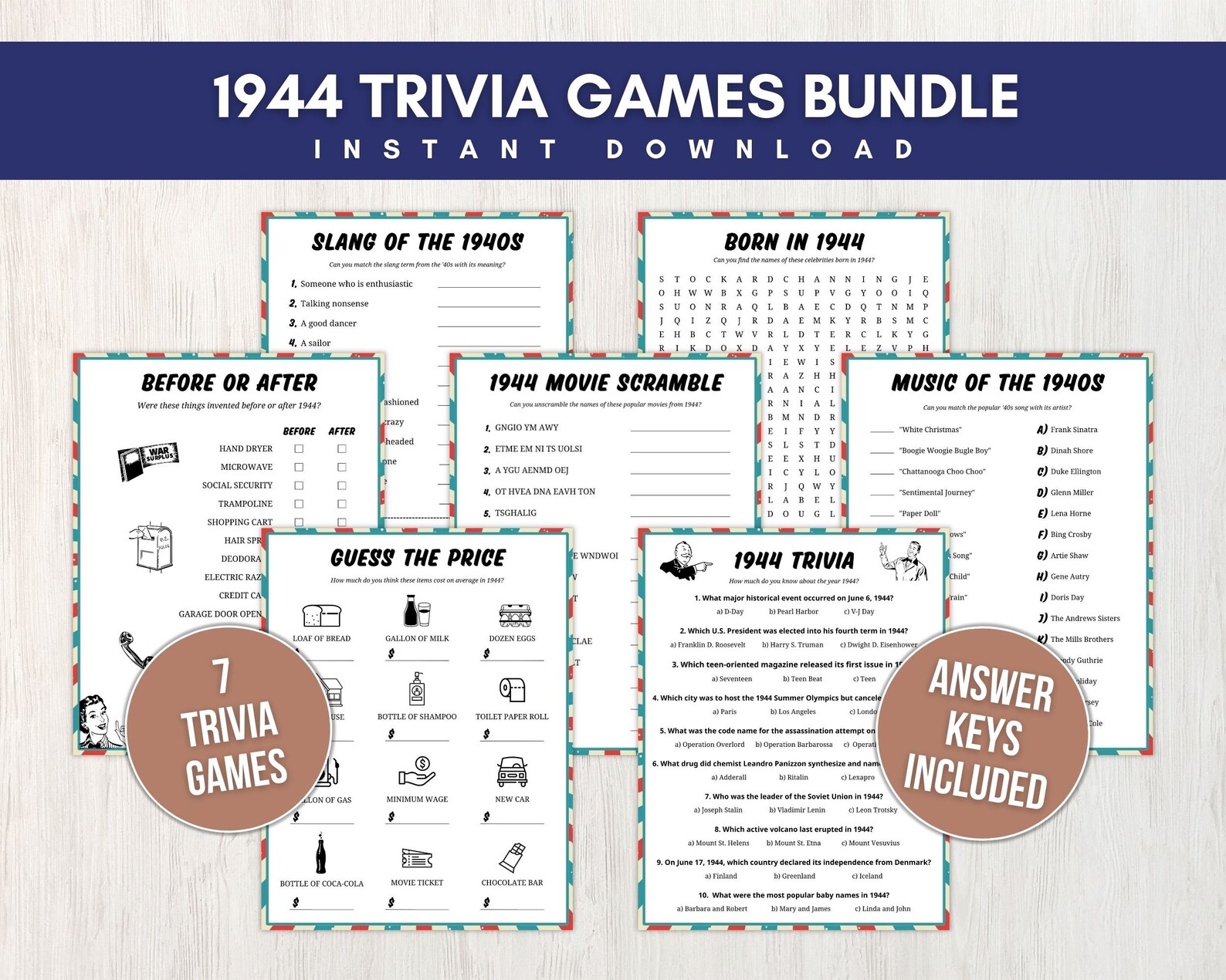 80th Birthday Trivia Game Bundle for Adults, Printable Born in 1944 ...