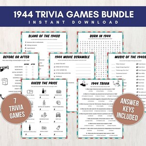 1944 Trivia Game Bundle for Adults and Kids, Seven Fun Printable 82nd ...