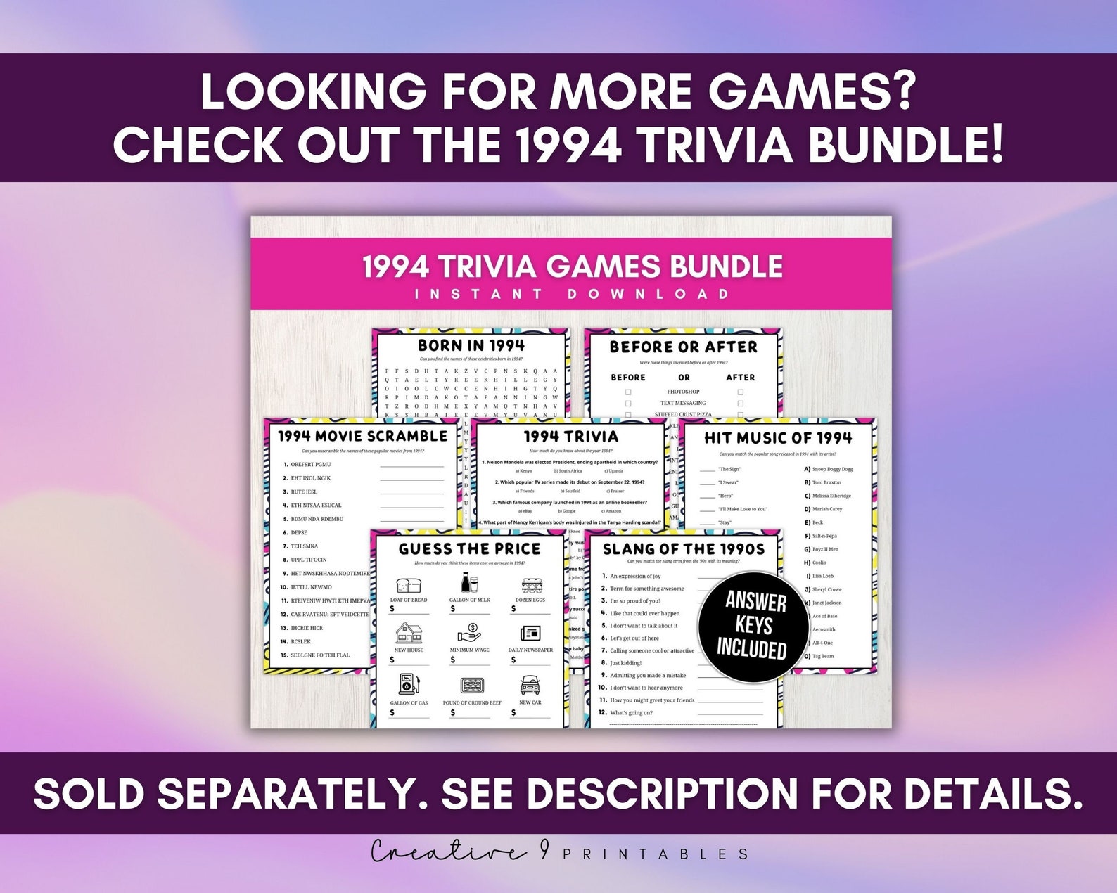 1994 Trivia With Answers, Printable 31st Birthday, Reunion, or ...