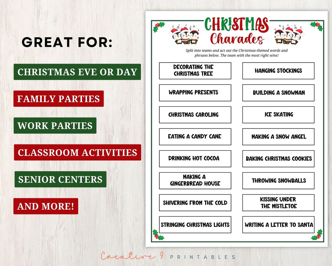 Printable Christmas Charades Game for Kids, 30 Prompts With Christmas ...