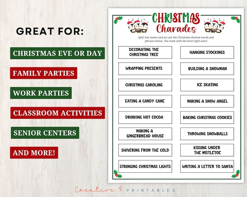 Printable Christmas Charades Game for Kids, 30 Prompts With Christmas ...