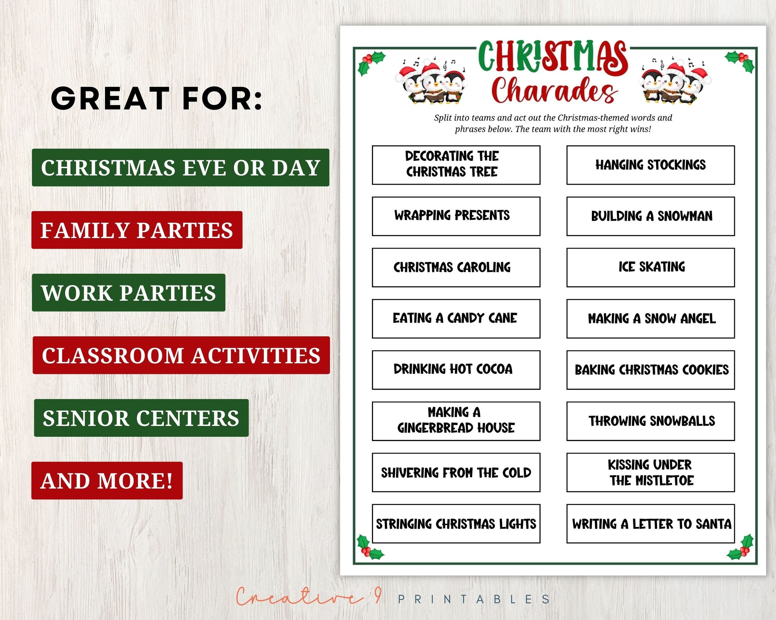 Printable Christmas Charades Game for Kids, 30 Prompts With Christmas ...