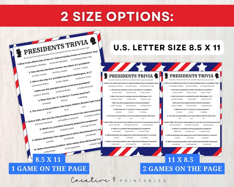 Presidents' Day Trivia Printable Game for Adults and Kids, 10 Fun Facts ...