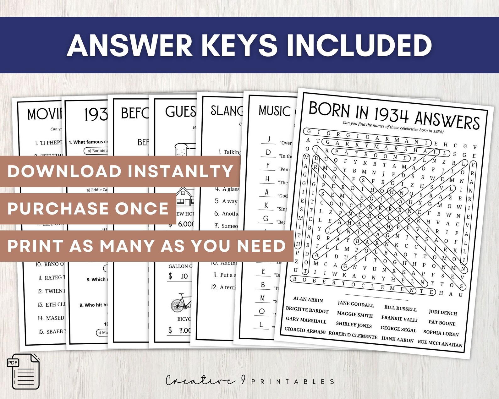 1934 Trivia Game Bundle for Adults and Kids, Seven Fun Printable 92nd ...