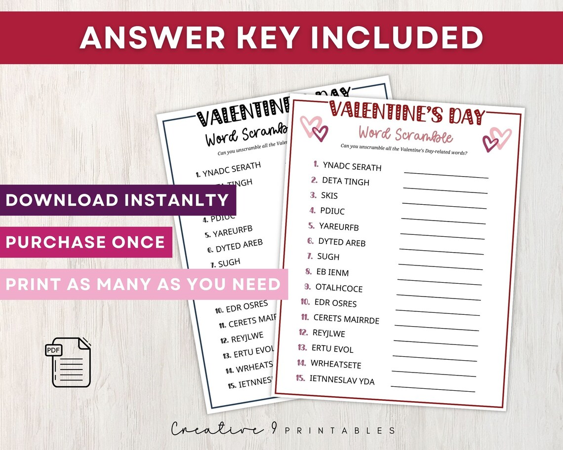 Printable Valentine Word Scramble Game for Kids and Adults, 15 ...