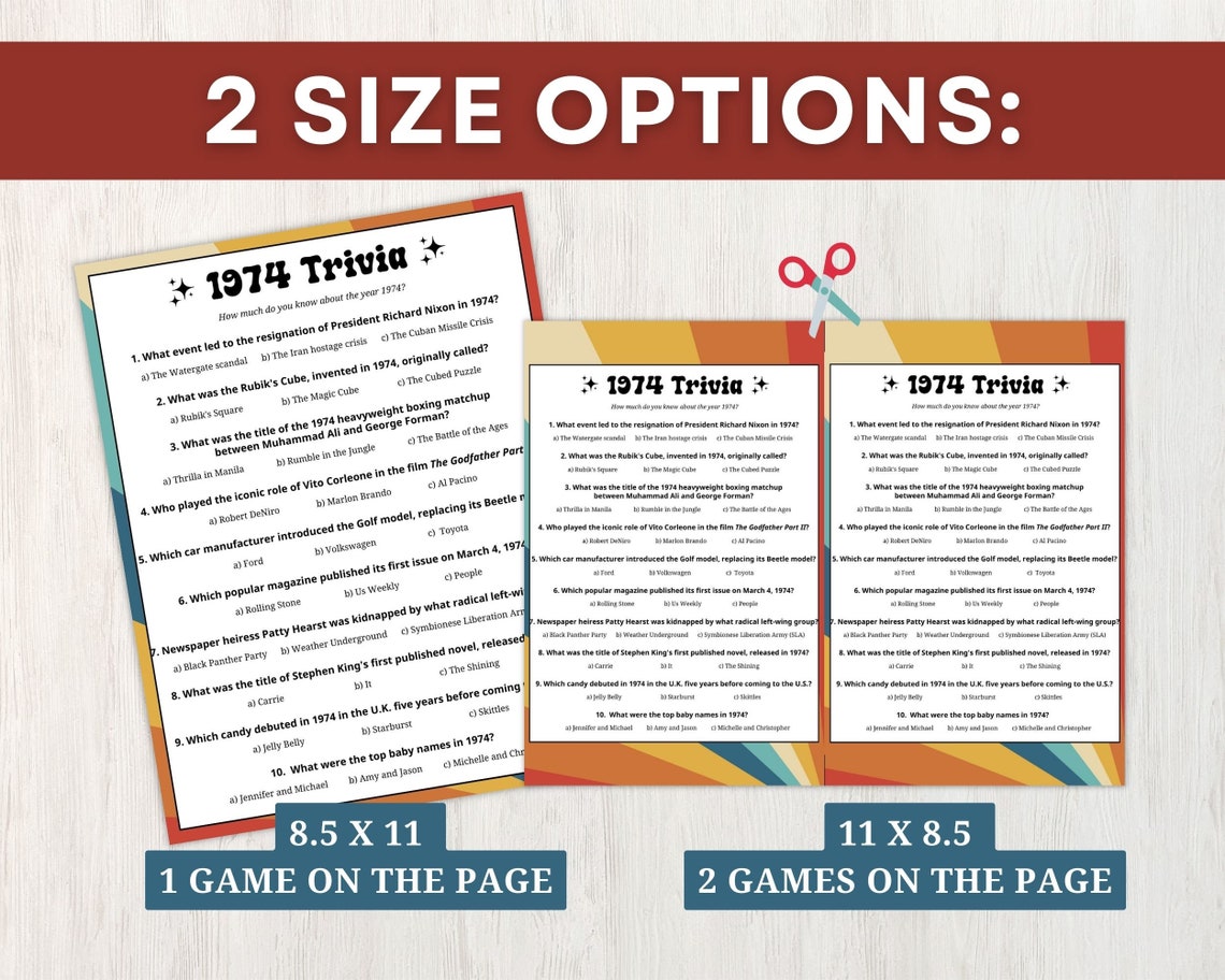 1974 Trivia Bundle for Adults, Seven Fun Printable 51st Party Games ...