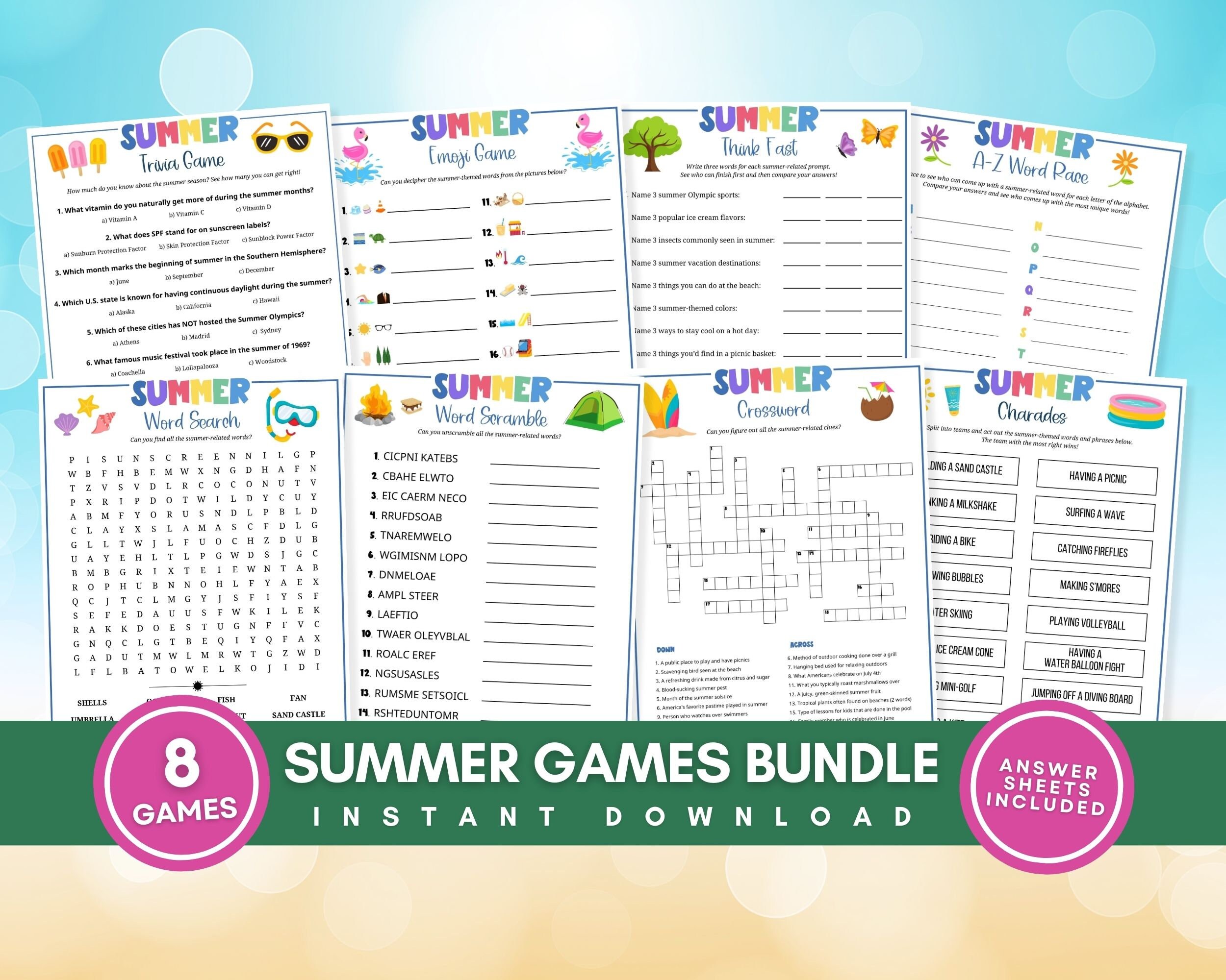 Summer Game Bundle, Fun Printable Summertime Trivia With Answers Great ...