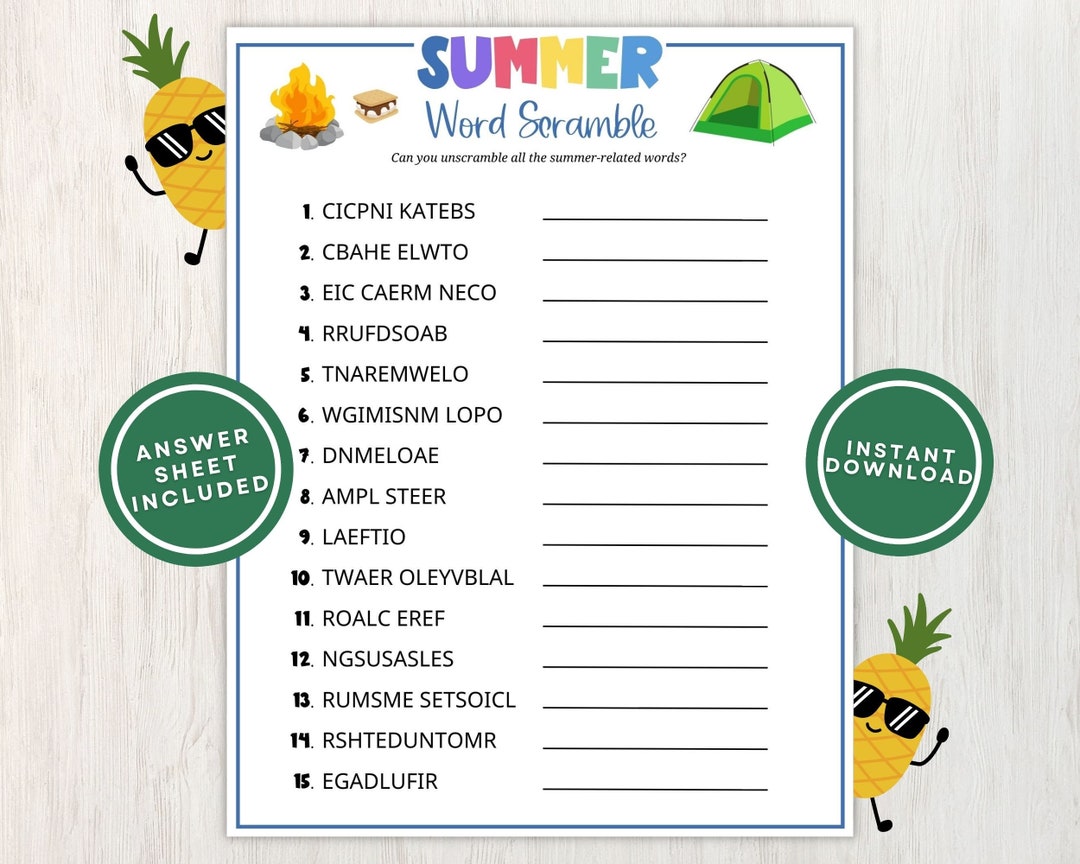 Summer Word Scramble Printable Game for Kids and Adults W/ Answers, 15 ...