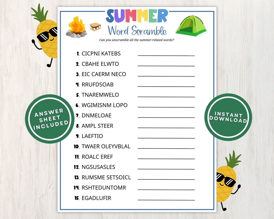 Summer Word Scramble Printable Game for Kids and Adults W/ Answers, 15 ...