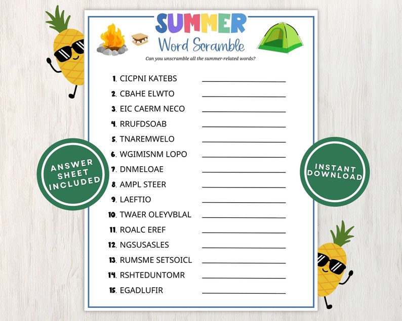 Summer Word Scramble Printable Game for Kids and Adults W/ Answers, 15 ...