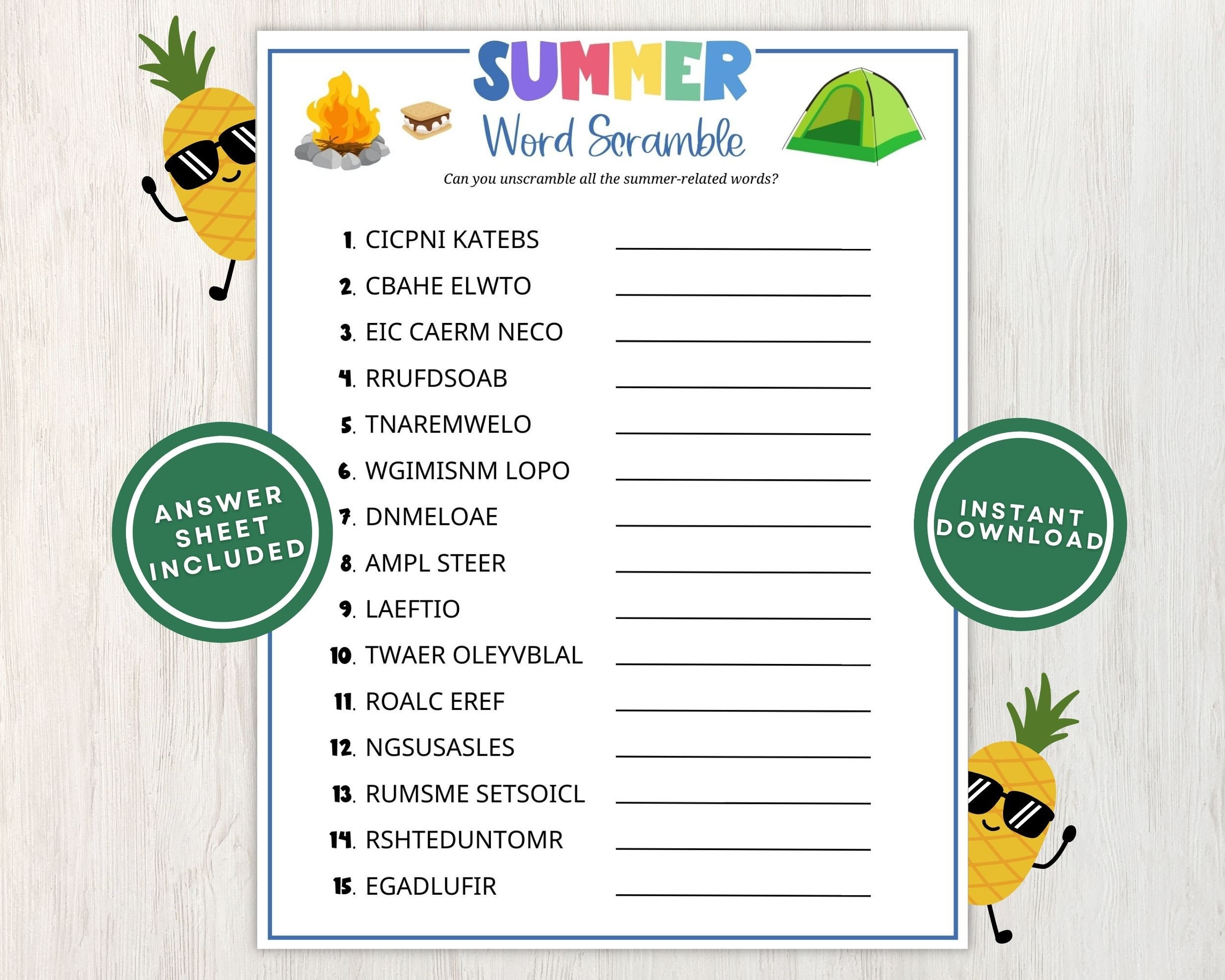 Summer Word Scramble Printable Game for Kids and Adults W/ Answers, 15 ...