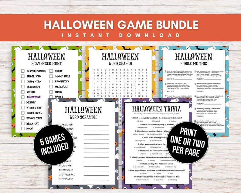Printable Halloween Party Games Bundle for Kids and Adults, 5 Halloween ...