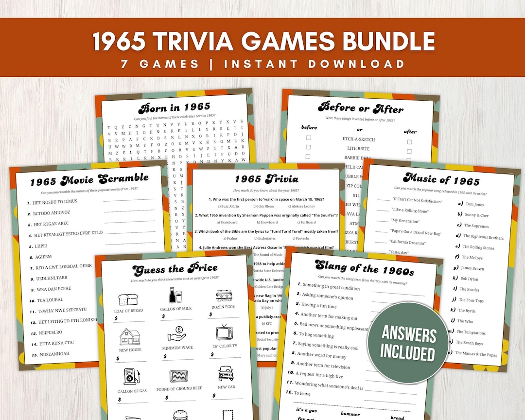 1965 Trivia Game Bundle for Adults, 60th Birthday Party Games, Born in ...