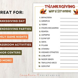 Printable Thanksgiving Word Scramble Game for Kids or Adults With ...
