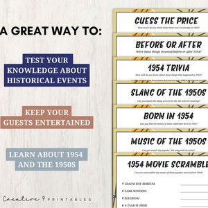 1954 Trivia Game Bundle for Adults, 71st Birthday Party Games With ...