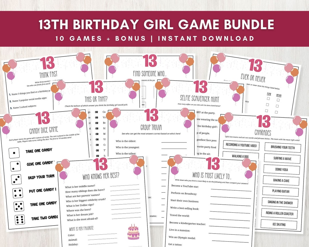 13th Birthday Girl Game Bundle, 10 Printable Party Games and Bonus for ...