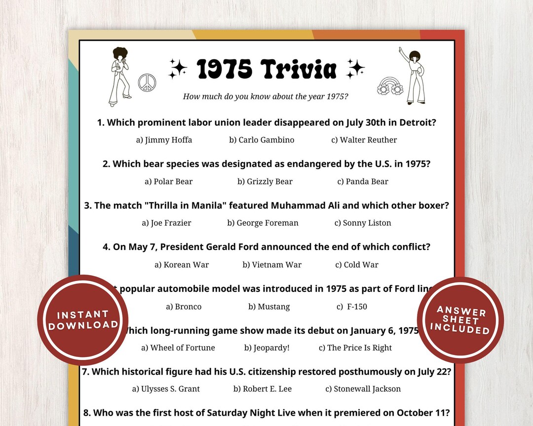 1975 Trivia With Answers, Printable 50th Birthday, Reunion, or ...