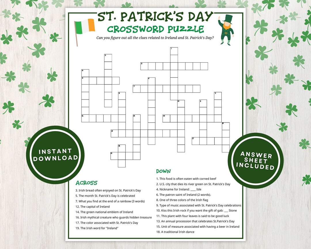 St. Patrick's Day Crossword Game With Answers, Printable Crossword ...