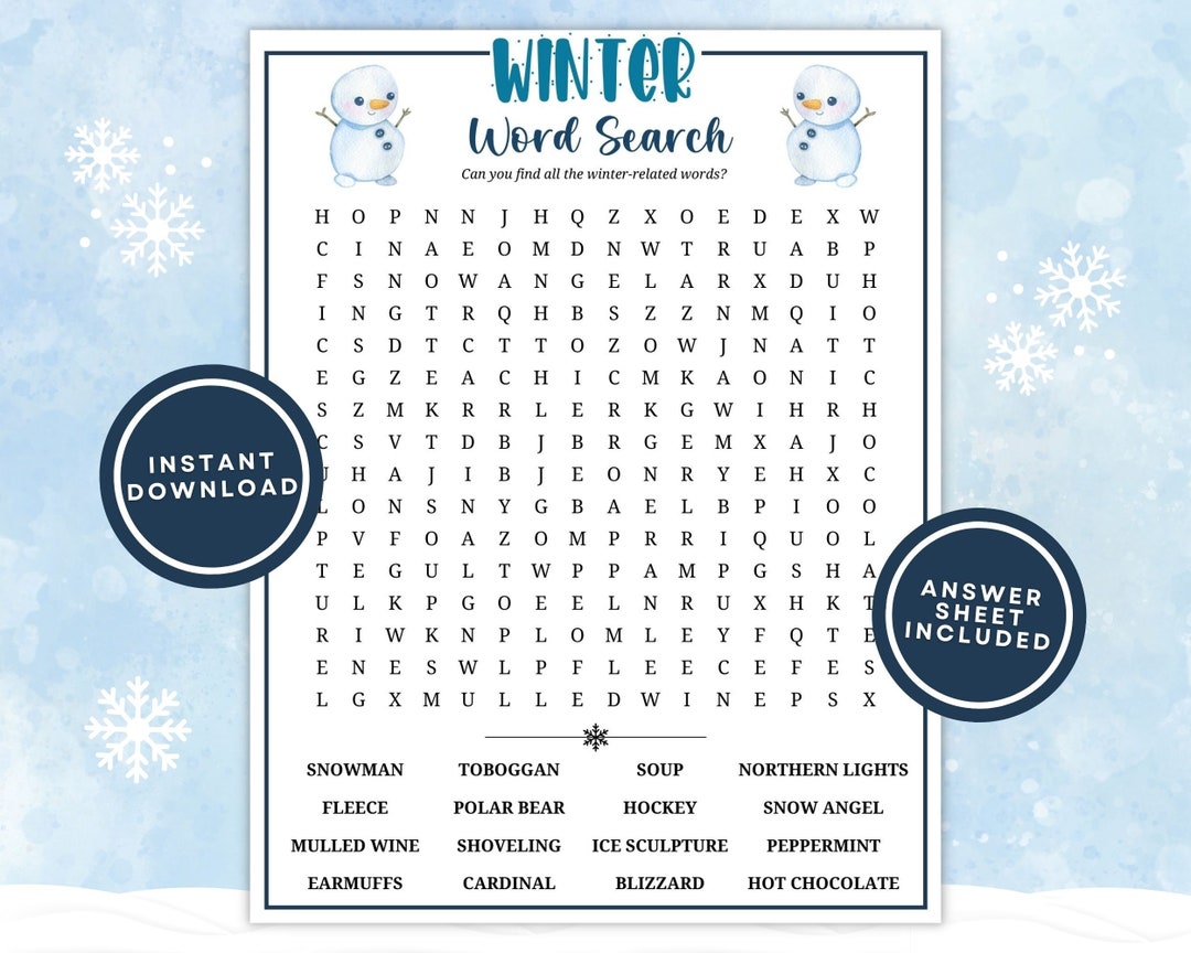 Printable Winter Word Search for Kids and Adults, Wordsearch Puzzle ...