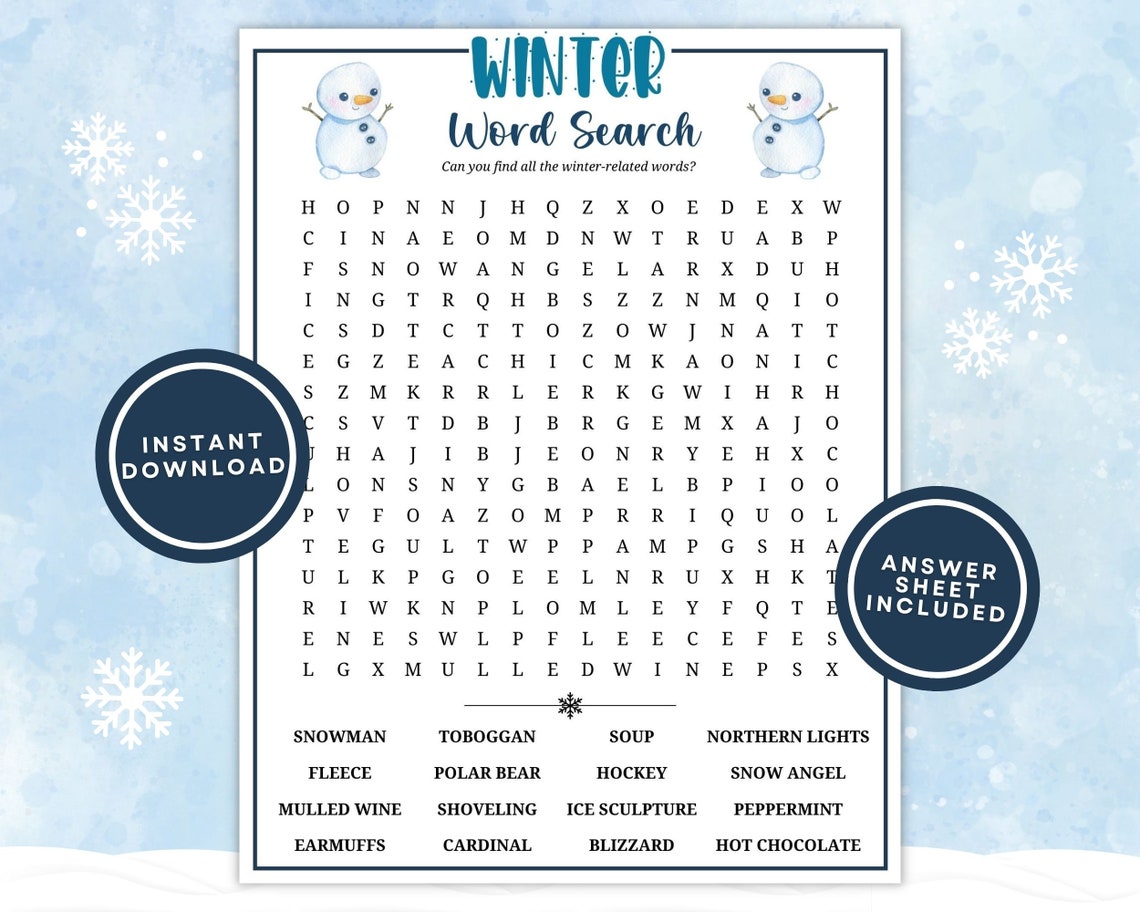 Printable Winter Word Search for Kids and Adults, Wordsearch Puzzle ...