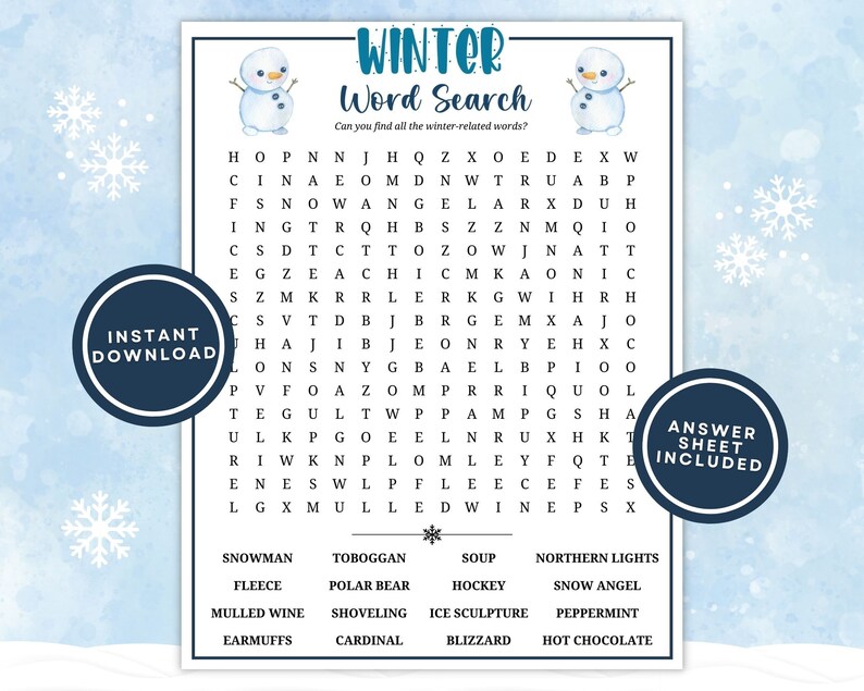 Printable Winter Word Search for Kids and Adults, Wordsearch Puzzle ...