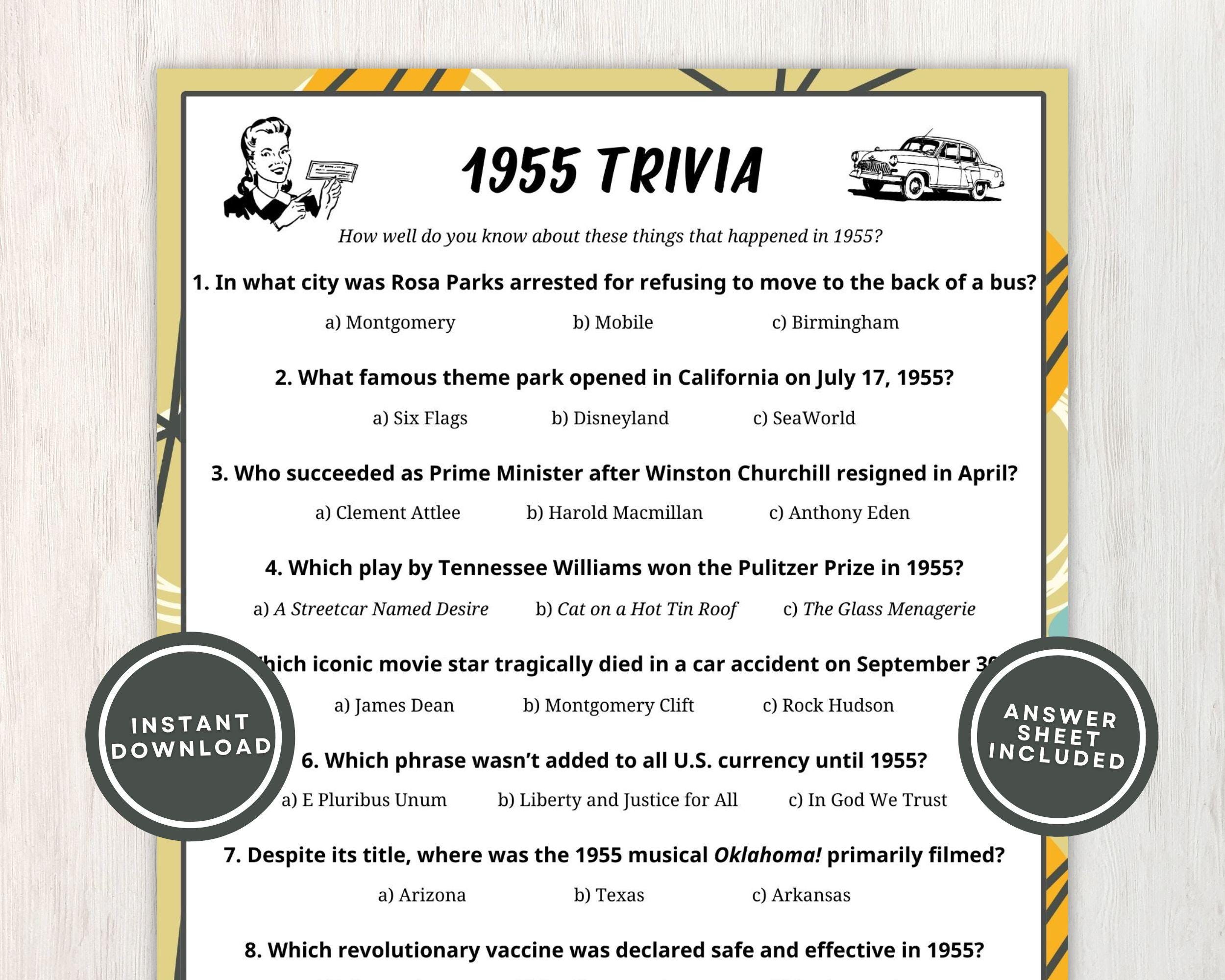 1955 Trivia With Answers, Printable 70th Birthday Game, 10 Fun Quiz ...