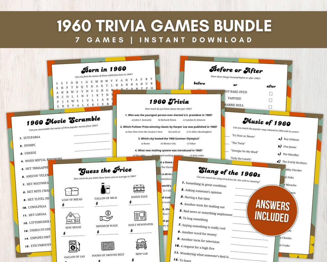 1960 Trivia Bundle for Adults and Kids, 7 Fun Printable 65th Party ...