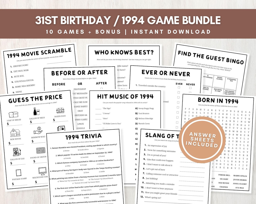 31st Birthday Party Games Bundle, Born in 1994 Trivia Games, 10 Fun ...