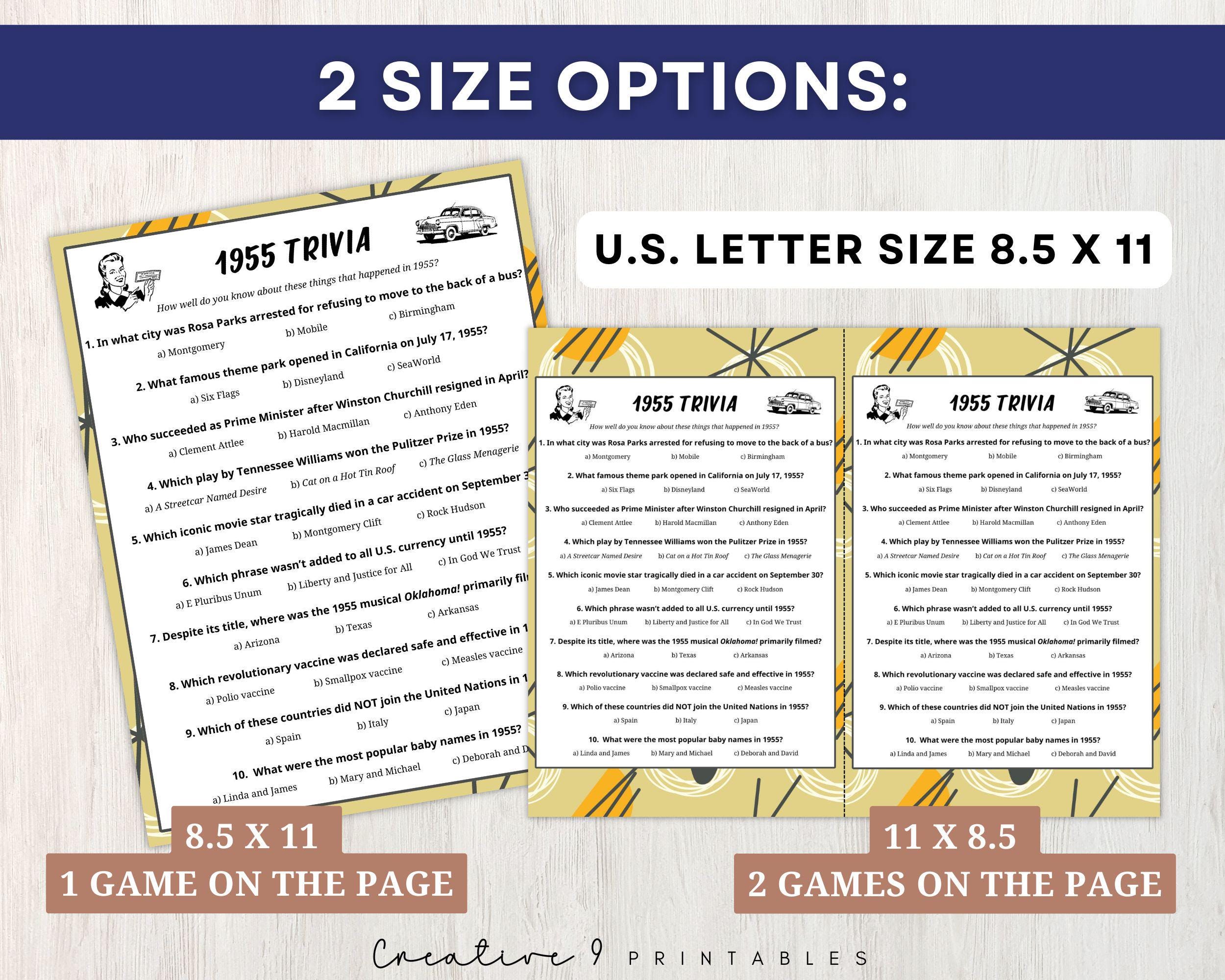 1955 Trivia With Answers, Printable 70th Birthday Game, 10 Fun Quiz ...