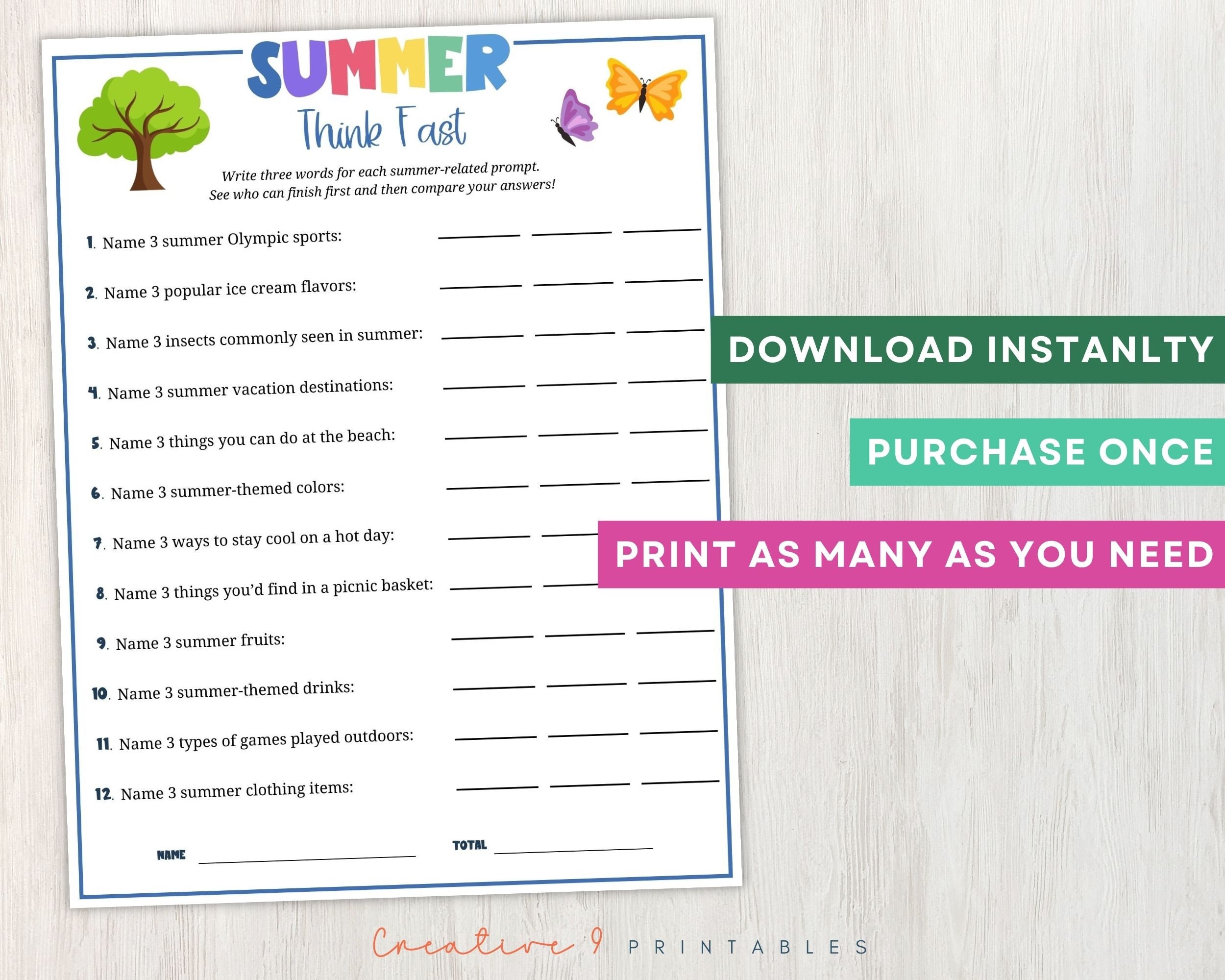 Summer Think Fast Printable Game for Kids and Adults, Think Quick ...