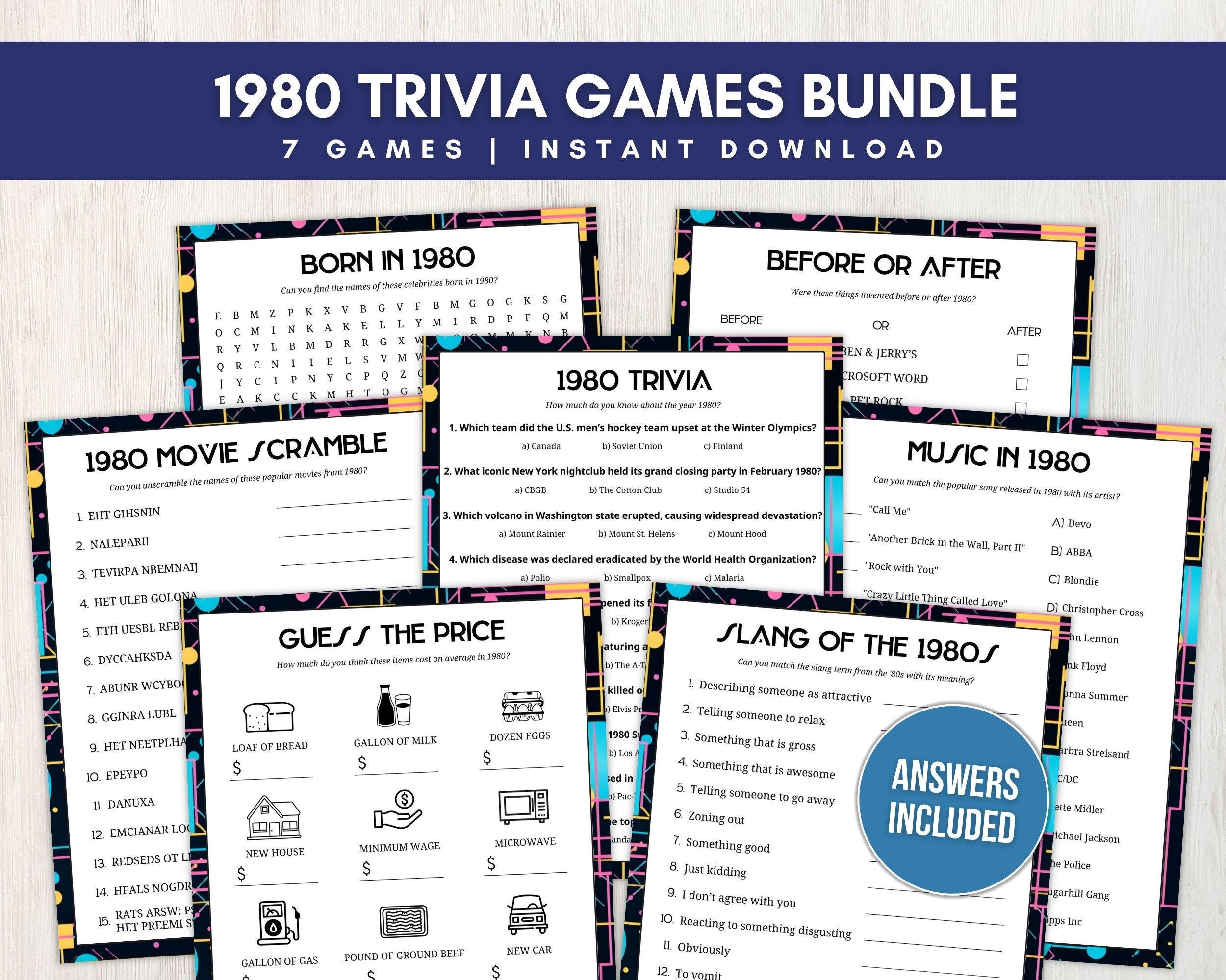 1980 Trivia Bundle for Adults and Kids, 7 Fun Printable 45th Party ...
