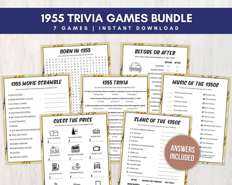 1955 Trivia Game Bundle, 70th Birthday Party Games, Born in 1955 ...
