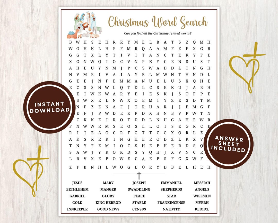 Christian Christmas Word Search, Printable Puzzle Game W/ Answers, Fun ...