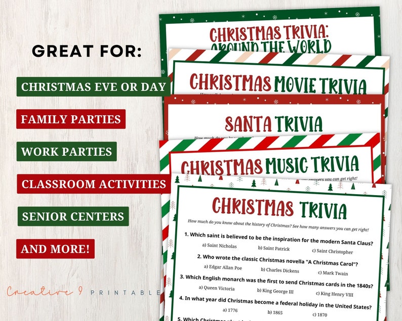 Printable Christmas Trivia Game Pack for Adults and Kids, 5 Christmas ...