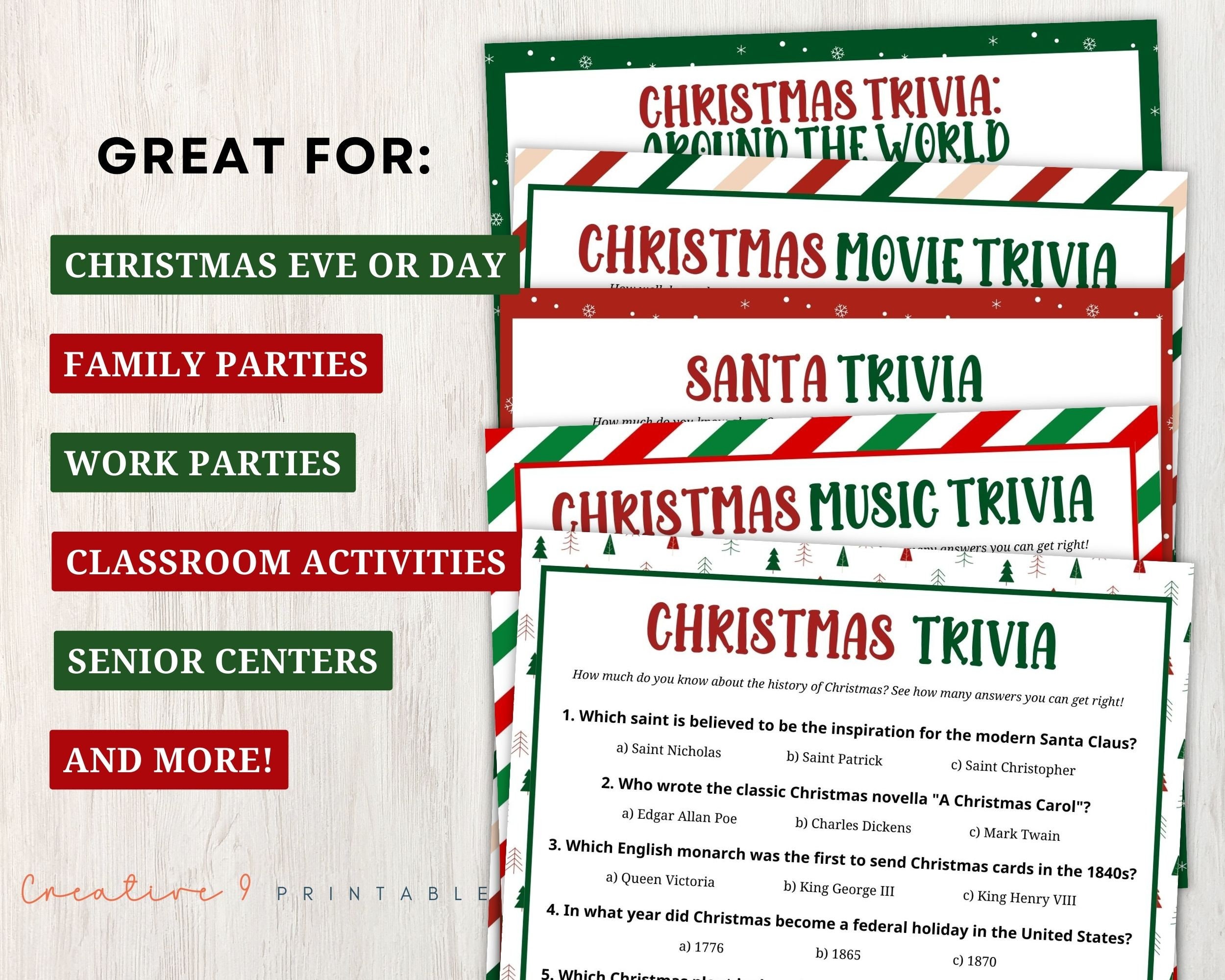 Printable Christmas Trivia Game Pack for Adults and Kids, 5 Christmas ...