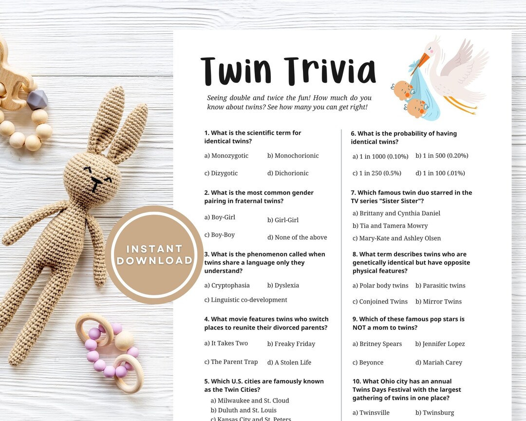 Twin Trivia Baby Shower Printable Game for Adults and Kids, 10 Fun ...