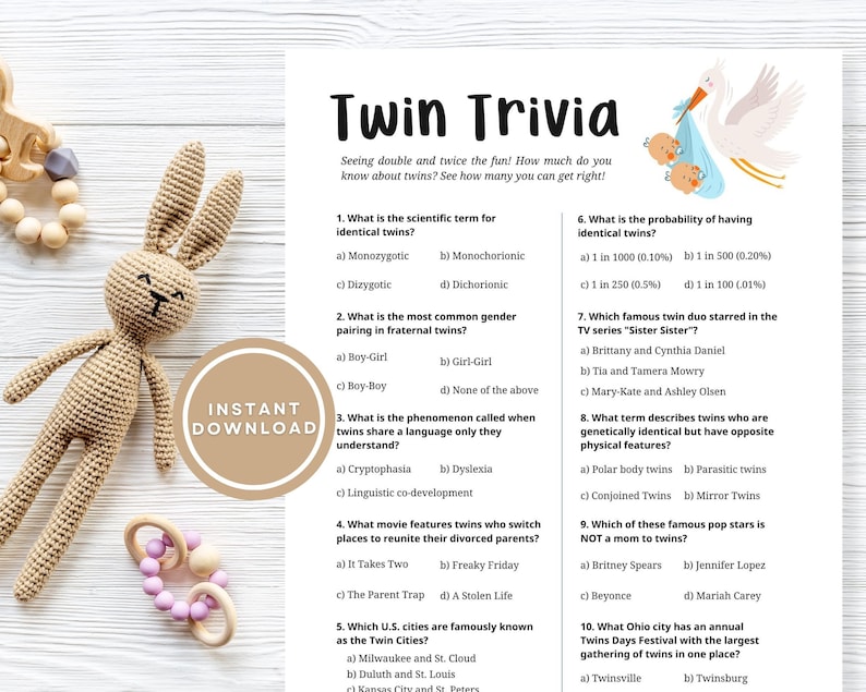 Twin Trivia Baby Shower Printable Game for Adults and Kids, 10 Fun ...