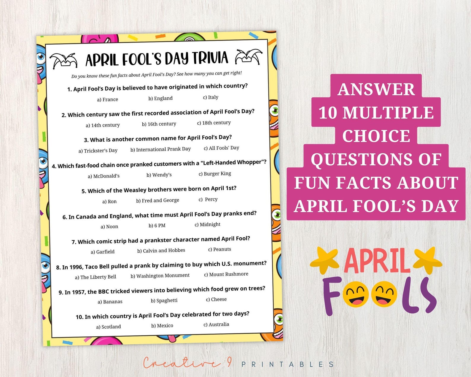 April Fool's Day Trivia Printable Game for Kids and Adults, 10 Trivia ...