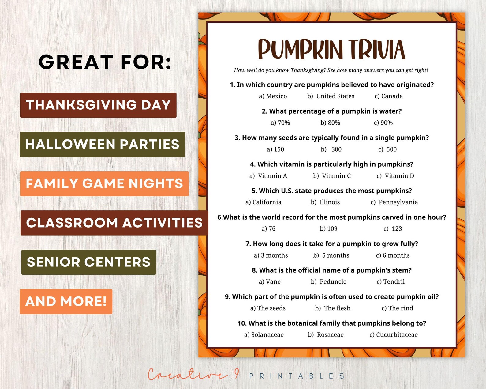 Pumpkin Trivia Game Printable for Kids and Adults, 10 Fall Trivia ...