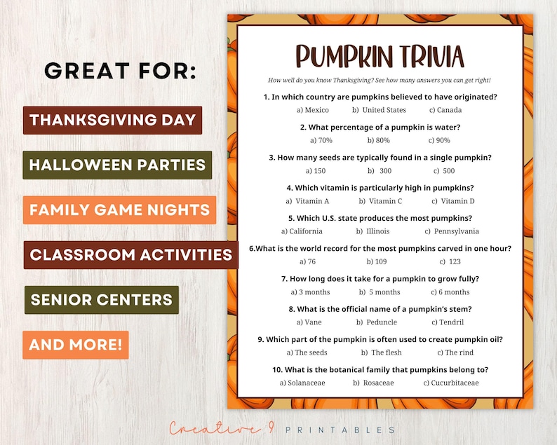 Pumpkin Trivia Game Printable for Kids and Adults, 10 Fall Trivia ...