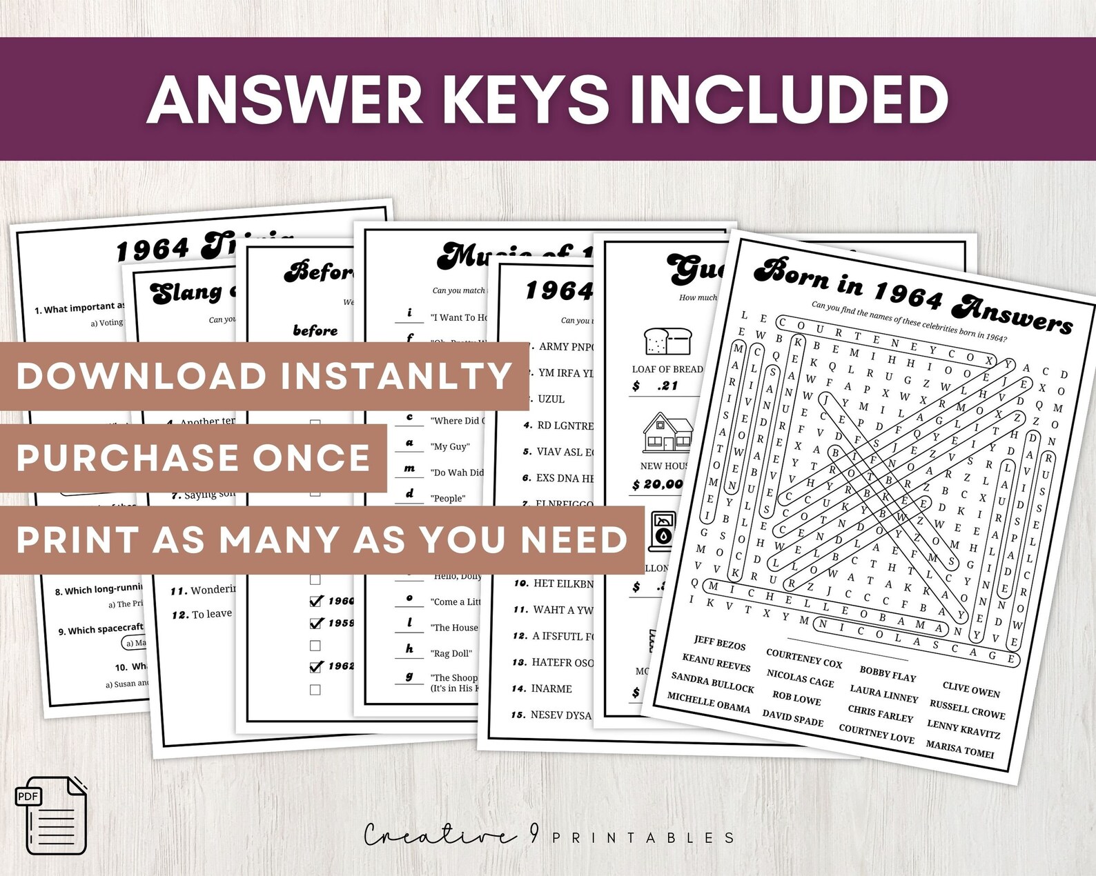 1964 Trivia Game Bundle for Adults, Seven Fun Printable 62nd Party ...