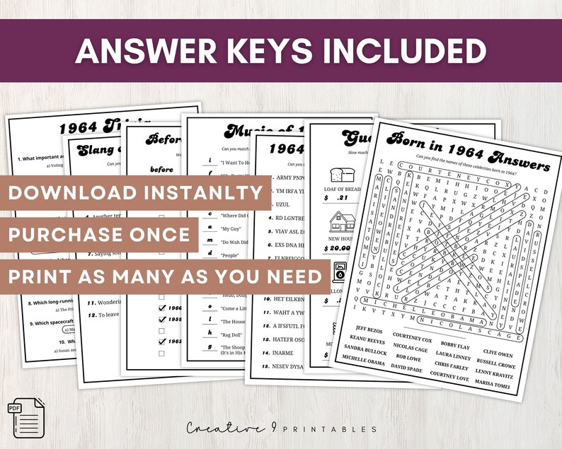 1964 Trivia Game Bundle for Adults, Seven Fun Printable 61st Party ...